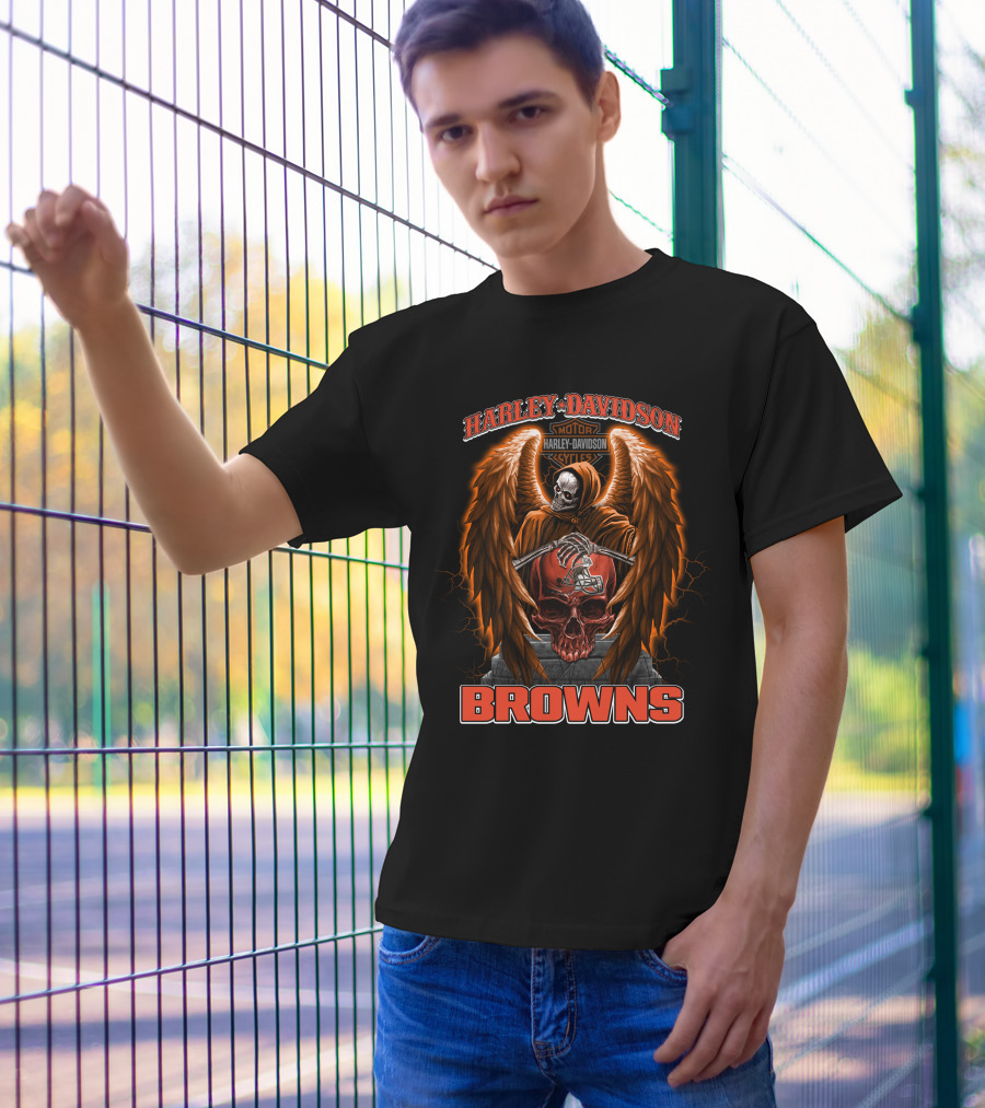 Harley Davidson Motorcycles Cleveland Browns Skull Angel Wings Nfl T-Shirt