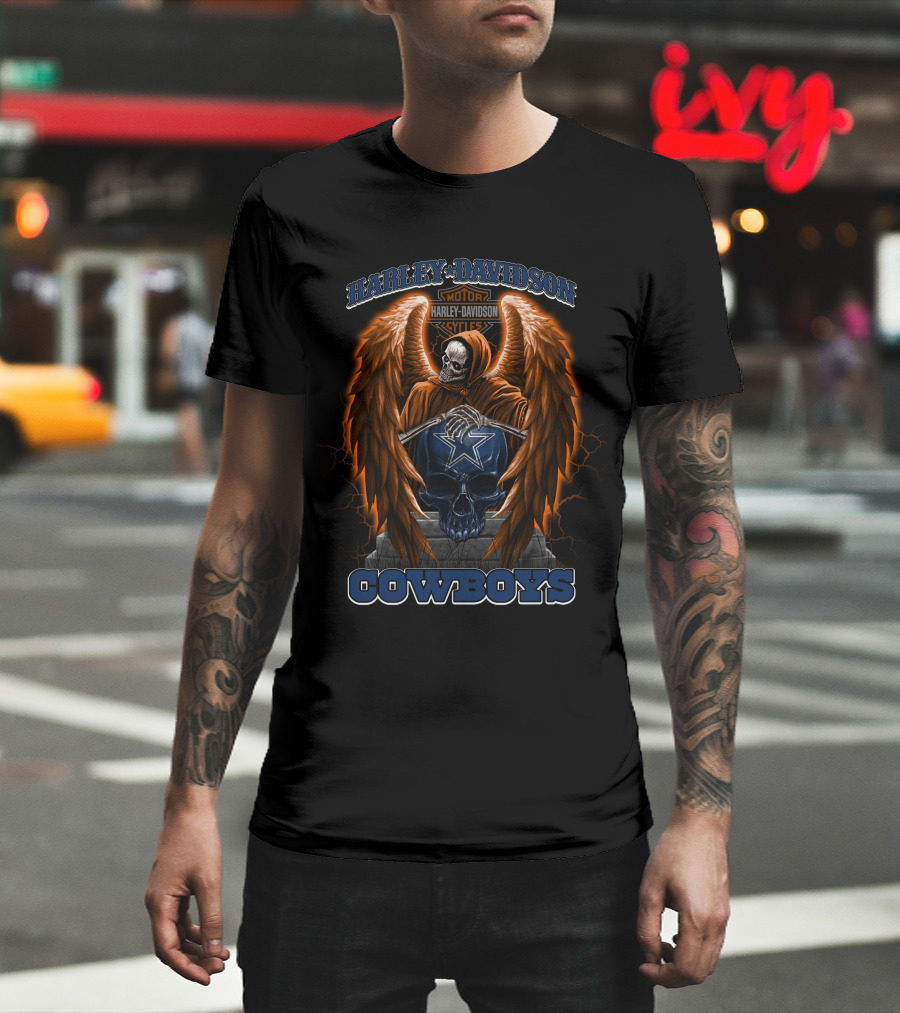 Harley Davidson Cowboys Nfl Skeleton With Wings And Skull T-Shirt