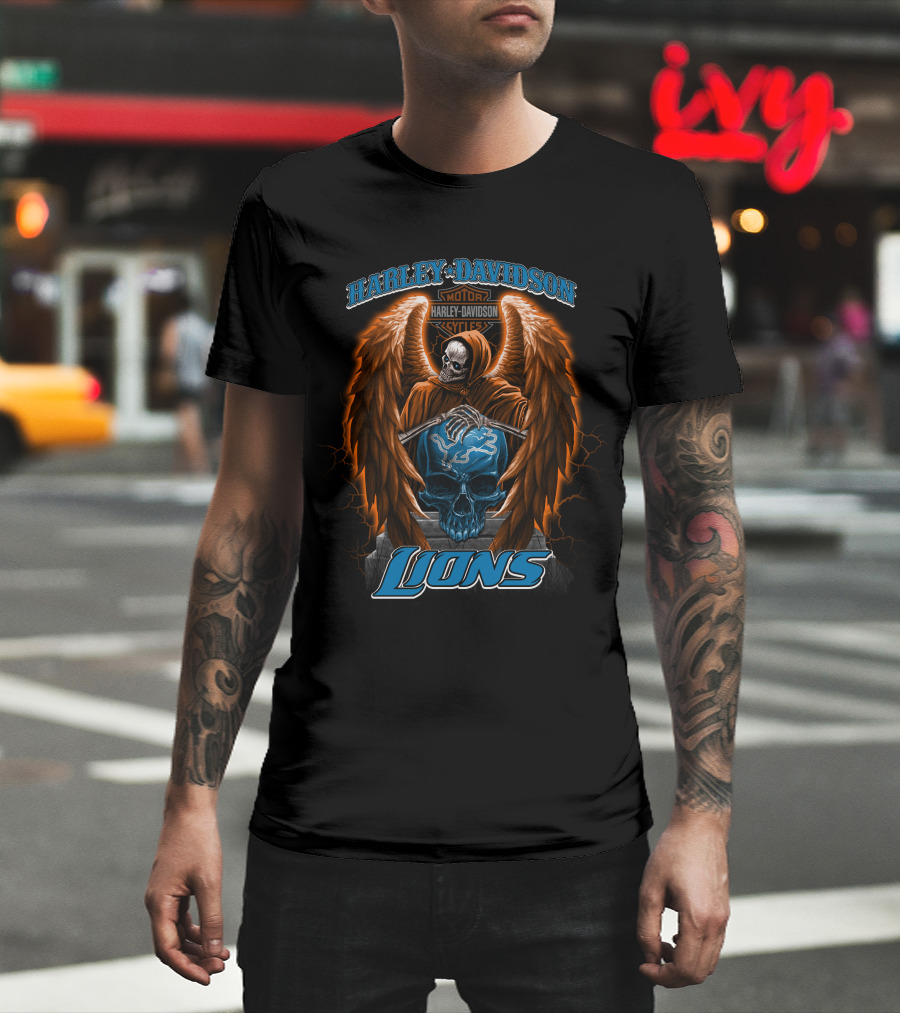 Harley Davidson Motorcycles Detroit Lions Skull With Angel Wings T-Shirt