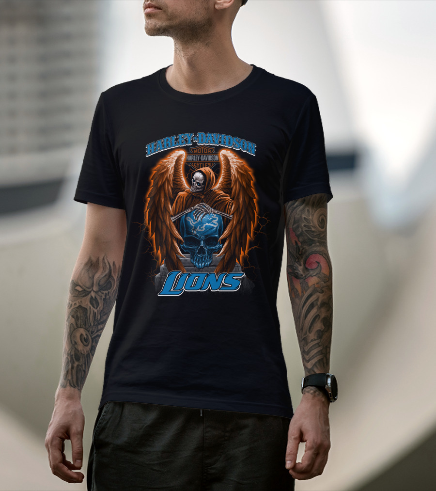 Harley Davidson Motorcycles Detroit Lions Skull With Angel Wings T-Shirt