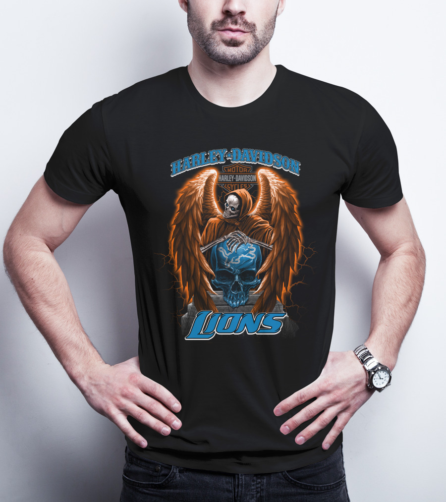 Harley Davidson Motorcycles Detroit Lions Skull With Angel Wings T-Shirt