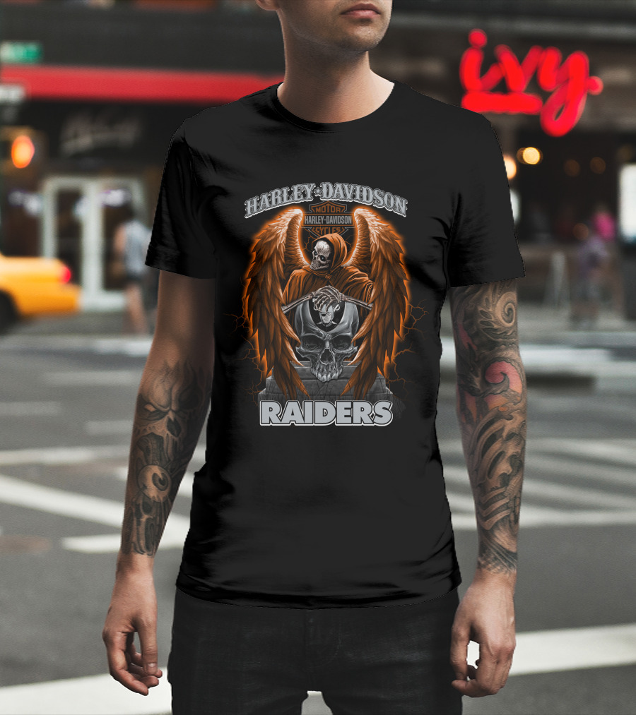 Harley Davidson Las Vegas Raiders Nfl Skeleton Skull Wings T-Shirt