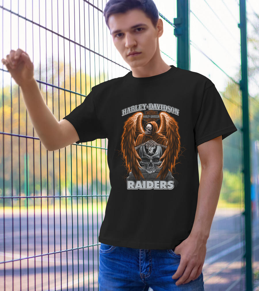 Harley Davidson Las Vegas Raiders Nfl Skeleton Skull Wings T-Shirt