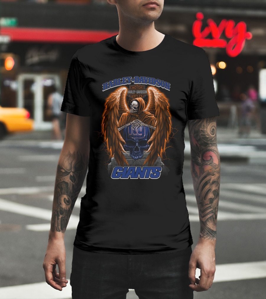 New York Giants Harley Davidson Nfl Collaboration With Skull And Wings T-Shirt