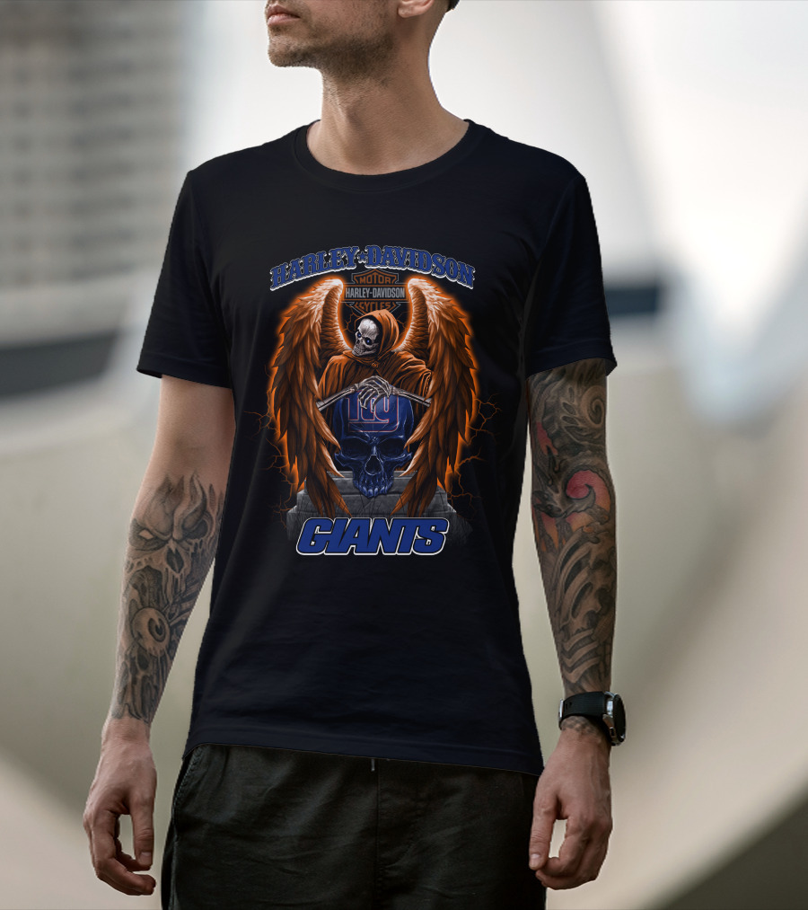 New York Giants Harley Davidson Nfl Collaboration With Skull And Wings T-Shirt