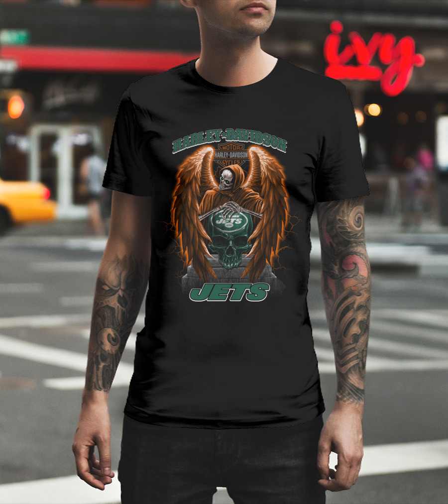 Harley Davidson Motorcycles New York Jets Skull Wings Nfl T-Shirt