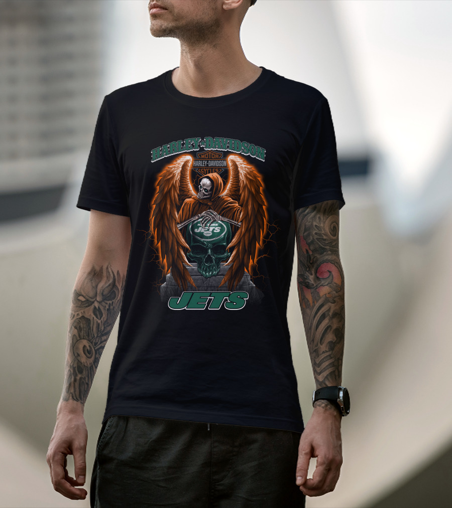 Harley Davidson Motorcycles New York Jets Skull Wings Nfl T-Shirt