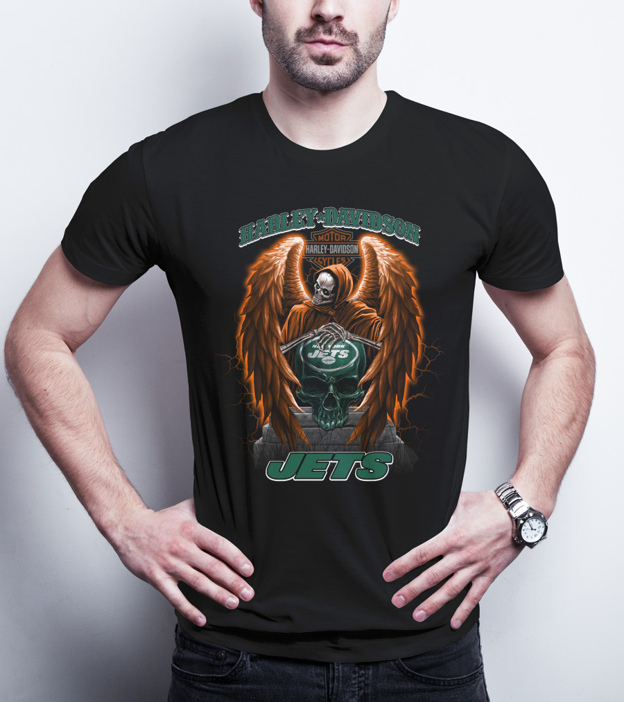 Harley Davidson Motorcycles New York Jets Skull Wings Nfl T-Shirt