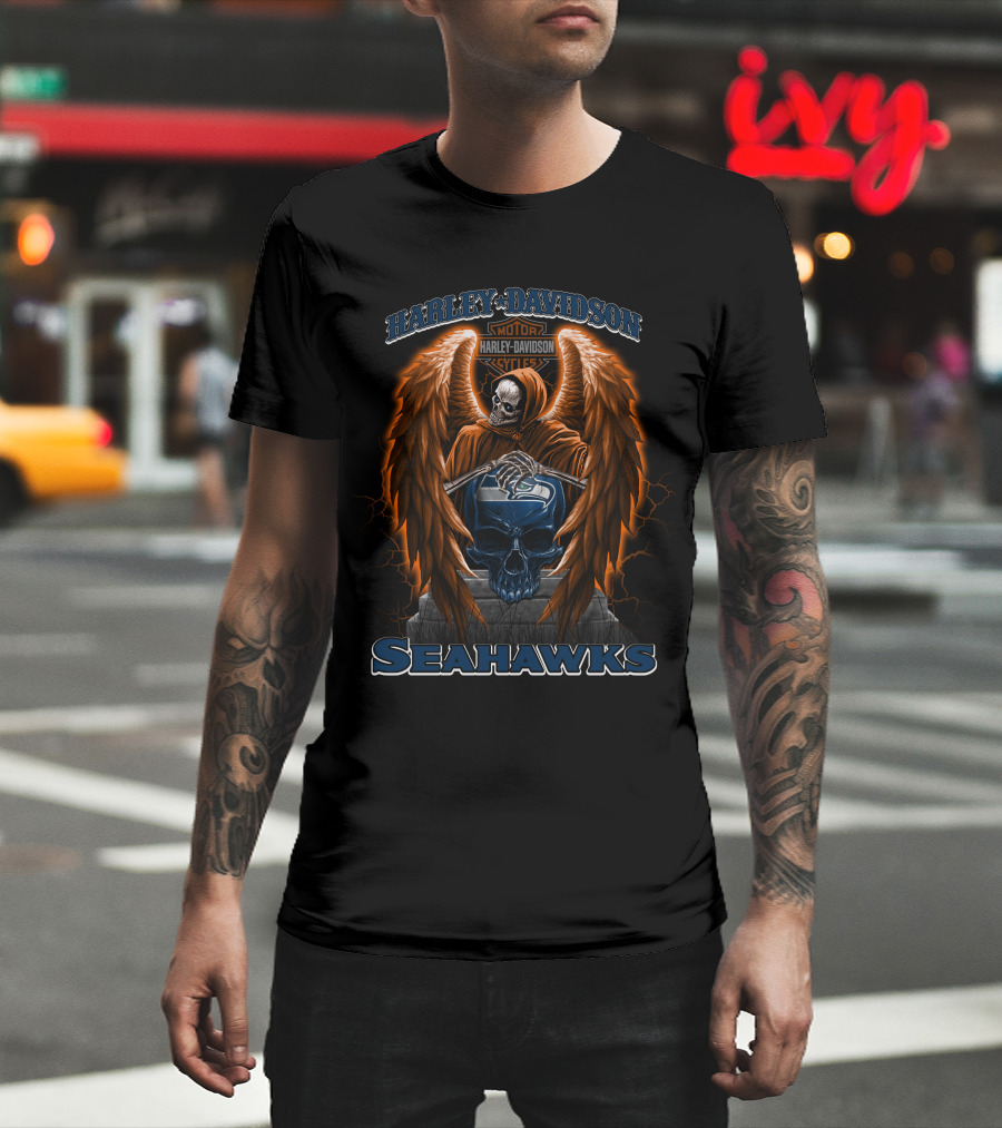 Seattle Seahawks Nfl Harley Davidson Skull Wings T-Shirt