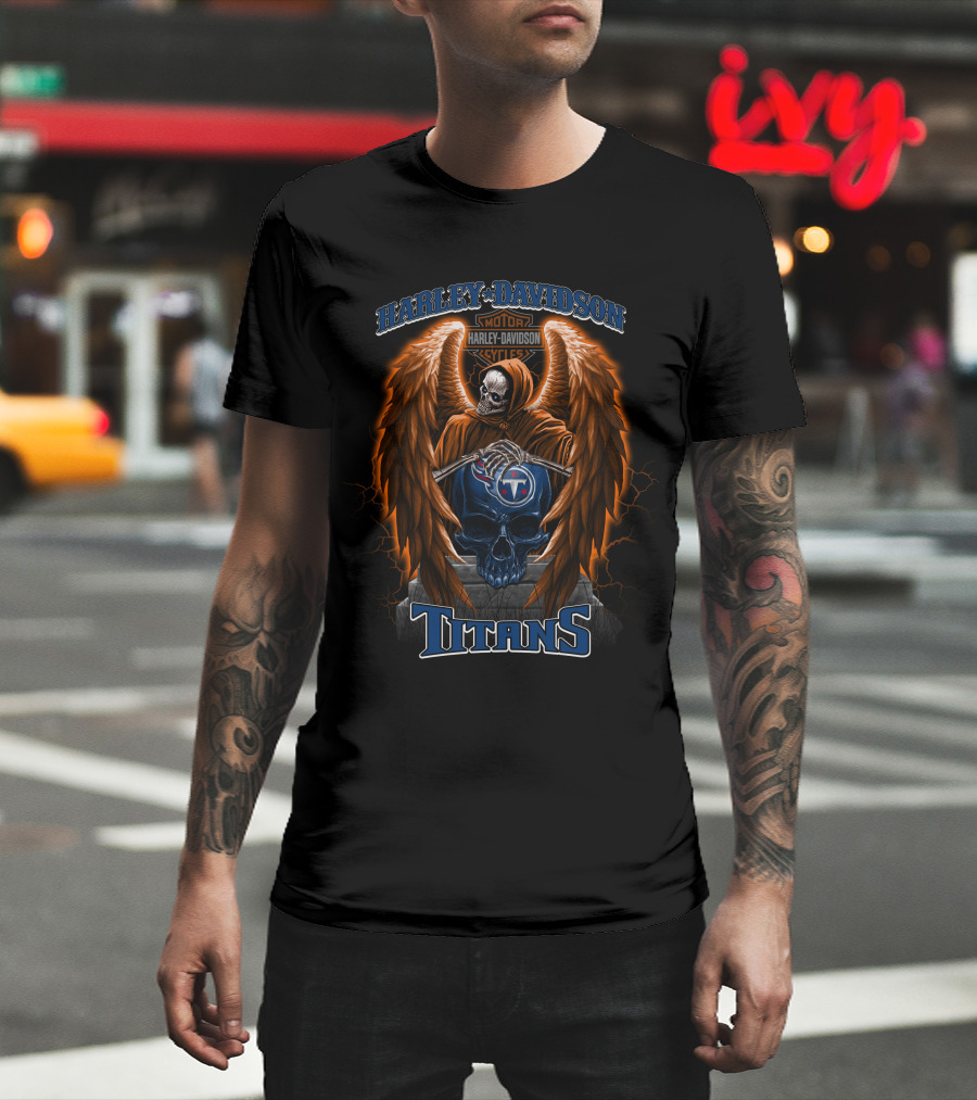 Harley Davidson Motorcycles Tennessee Titans Nfl Skull With Wings T-Shirt