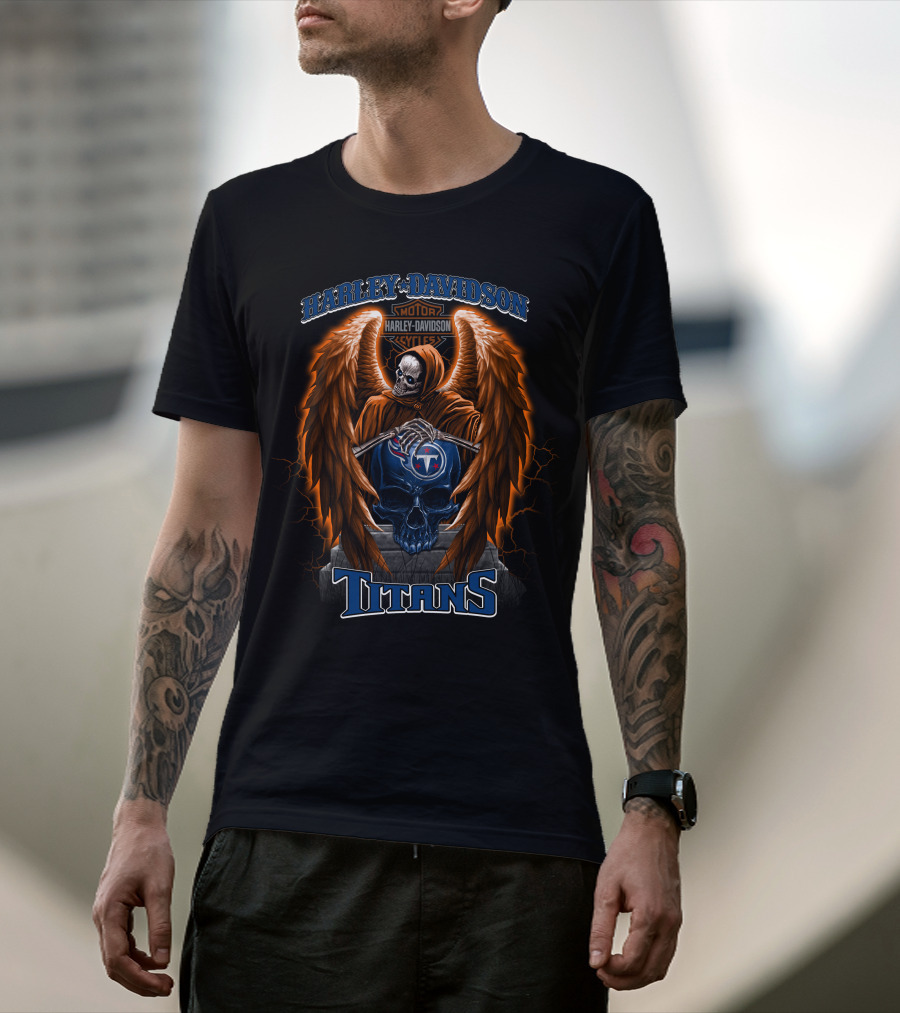Harley Davidson Motorcycles Tennessee Titans Nfl Skull With Wings T-Shirt