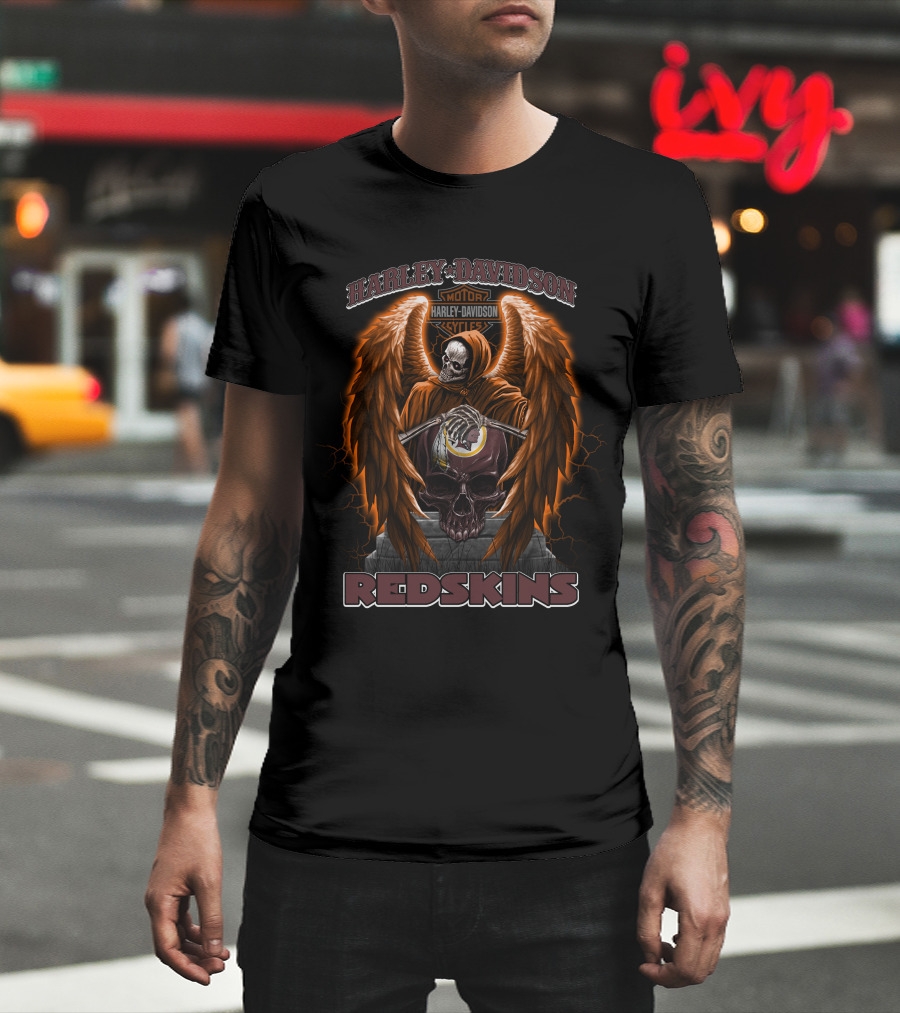 Harley Davidson Motorcycles Redskins Skeleton With Wings T-Shirt