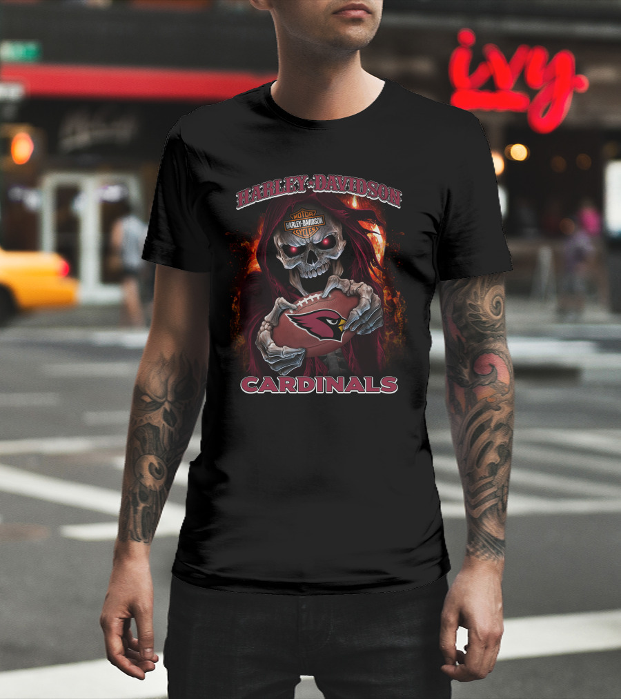 Harley Davidson Skull Holding Arizona Cardinals Football T-Shirt