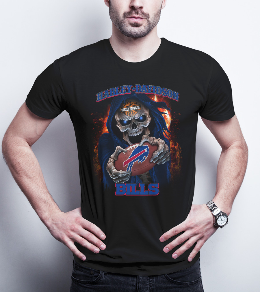 Harley Davidson Buffalo Bills Skull Holding Football T-Shirt