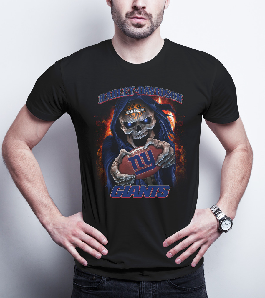 Harley Davidson New York Giants Skull Holding Football T-Shirt