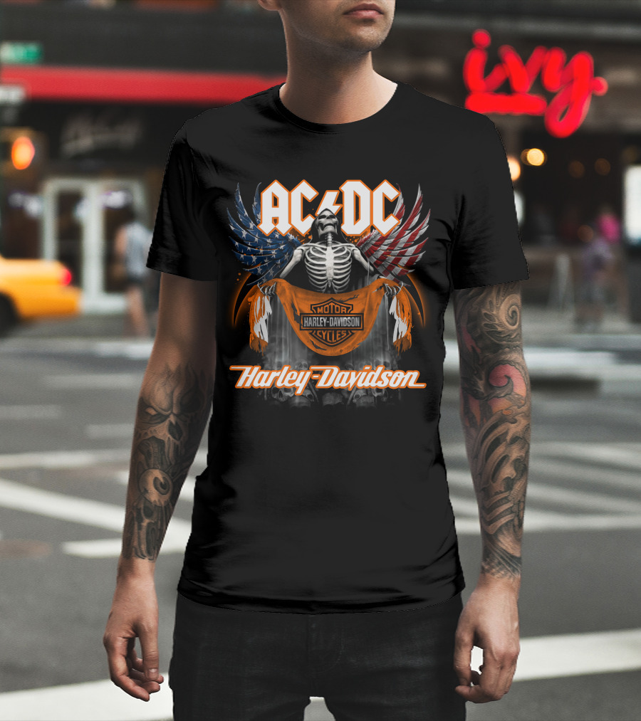 Acdc Harley Davidson Skeleton With American Flag Wings T-Shirt