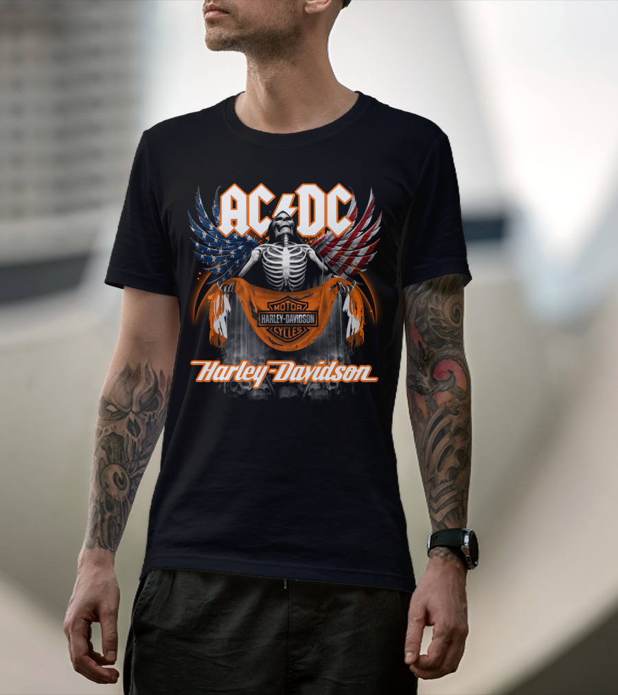 Acdc Harley Davidson Skeleton With American Flag Wings T-Shirt