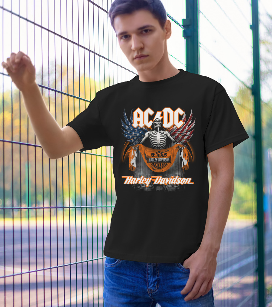 Acdc Harley Davidson Skeleton With American Flag Wings T-Shirt
