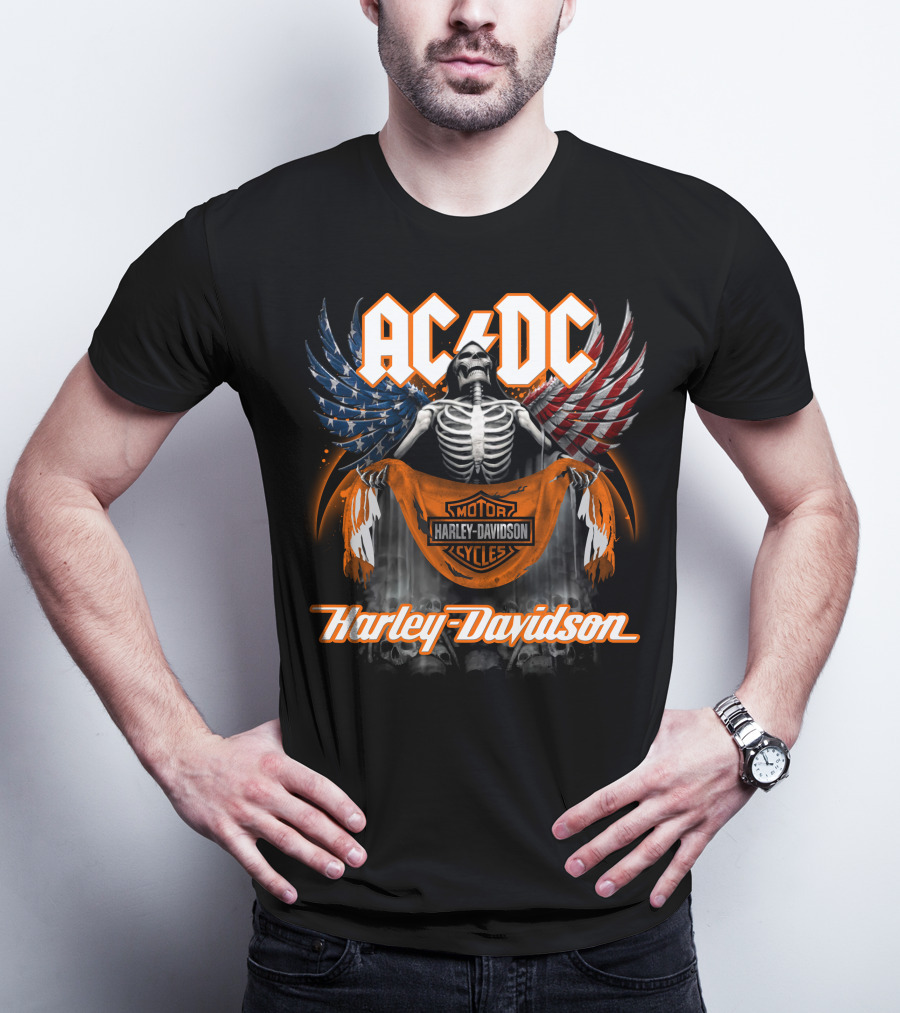 Acdc Harley Davidson Skeleton With American Flag Wings T-Shirt