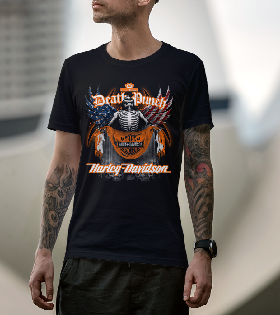 Five Finger Death Punch Harley Davidson American Wings Skeleton T-Shirt