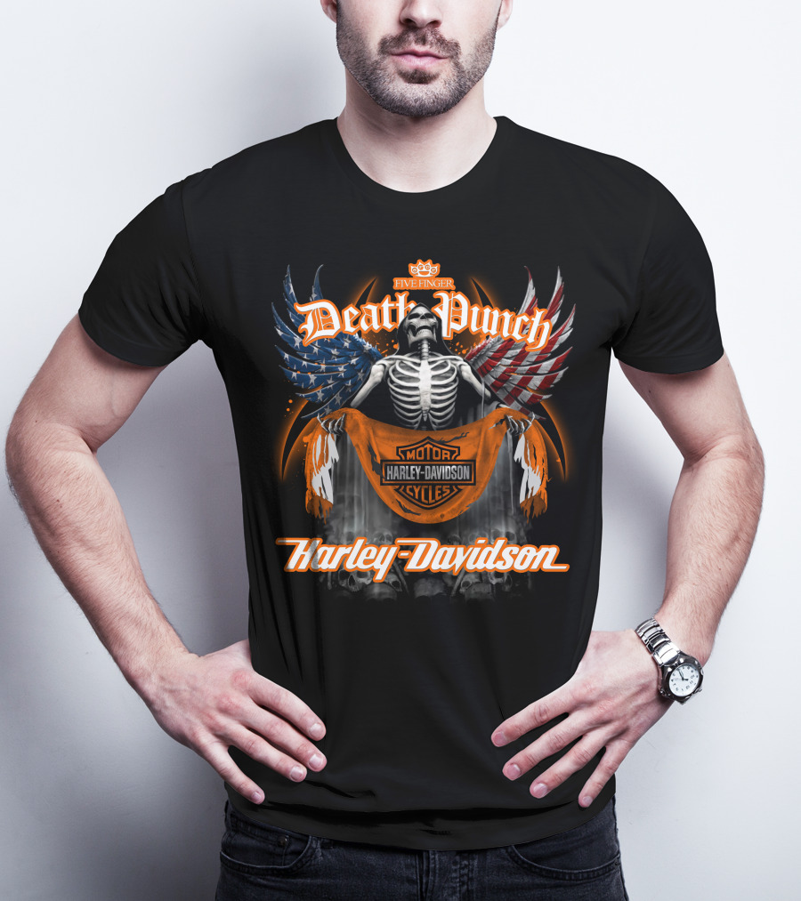 Five Finger Death Punch Harley Davidson American Wings Skeleton T-Shirt