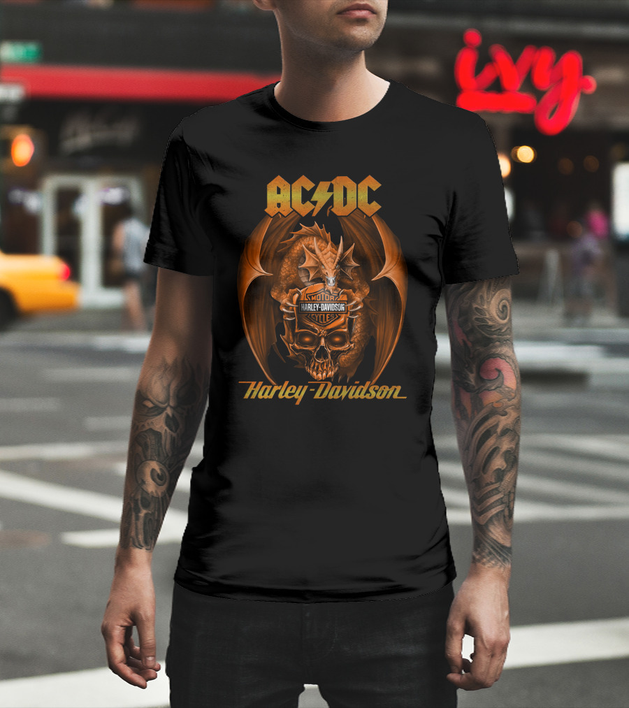 Ac Dc Harley Davidson Motor Cycles Dragon And Skull T-Shirt