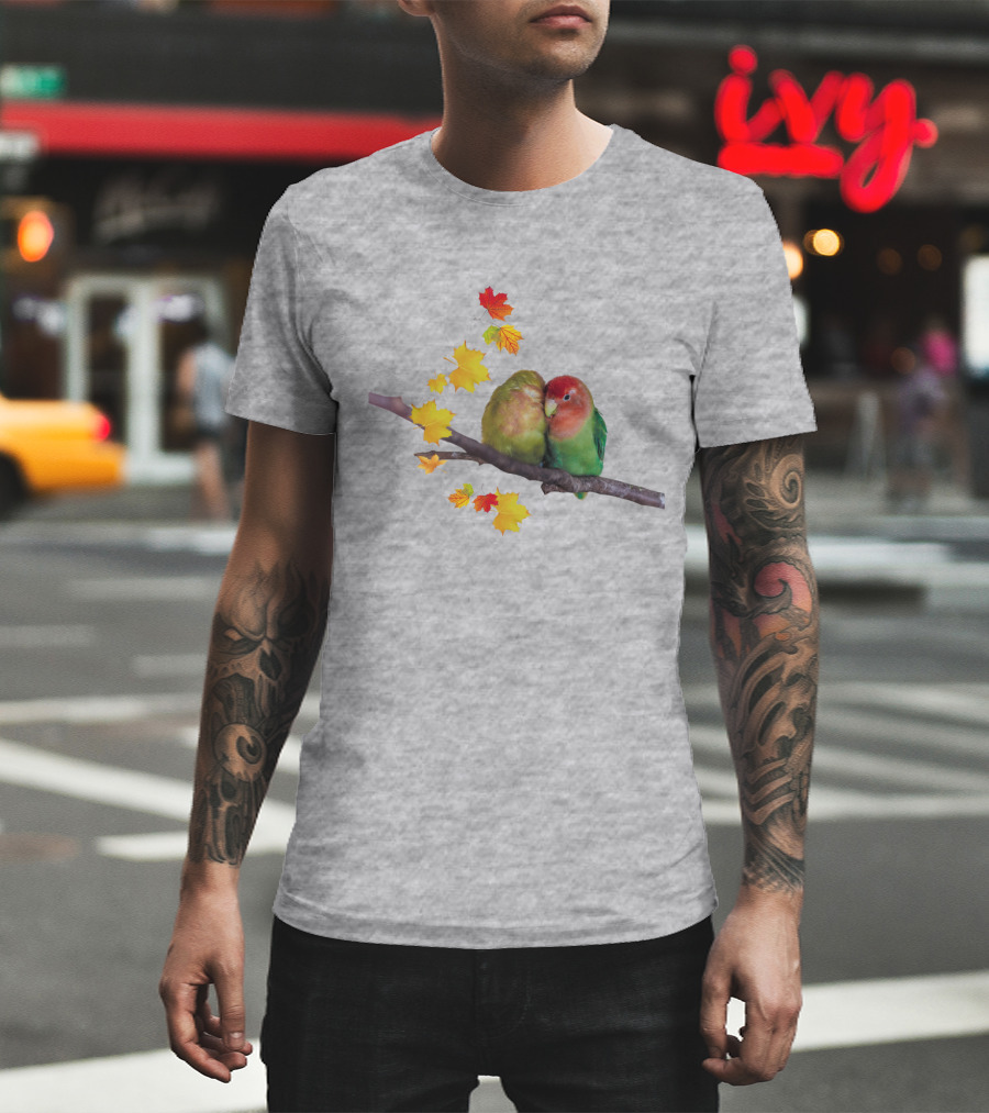 Lovebirds With Autumn Leaves On Branch T-Shirt