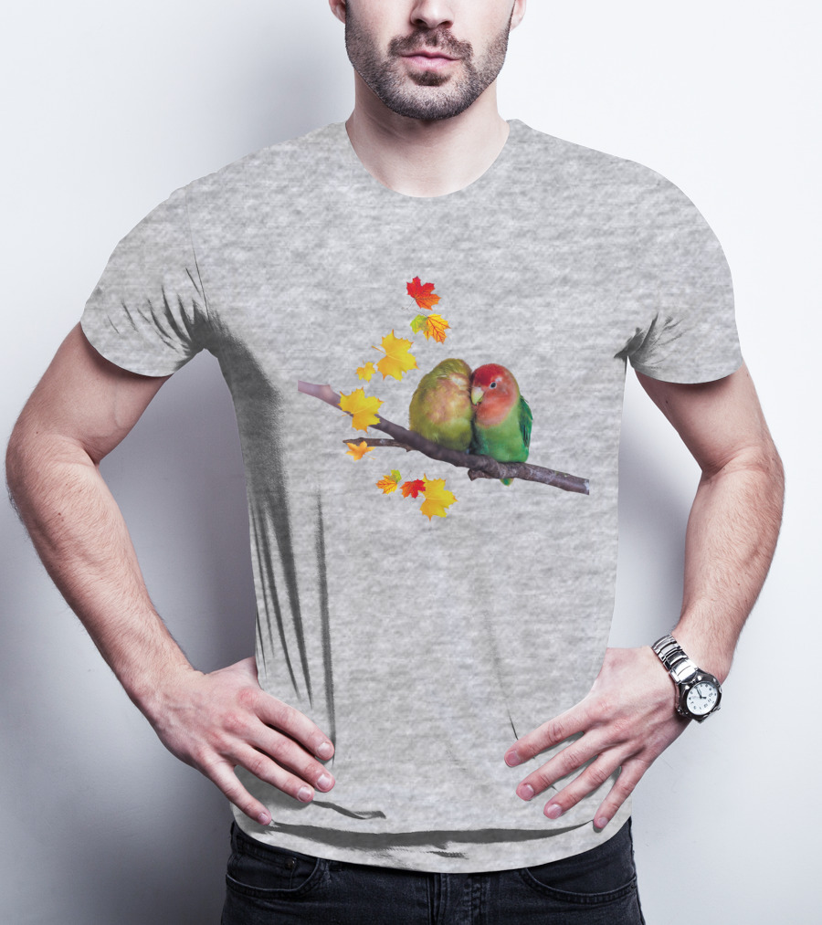 Lovebirds With Autumn Leaves On Branch T-Shirt