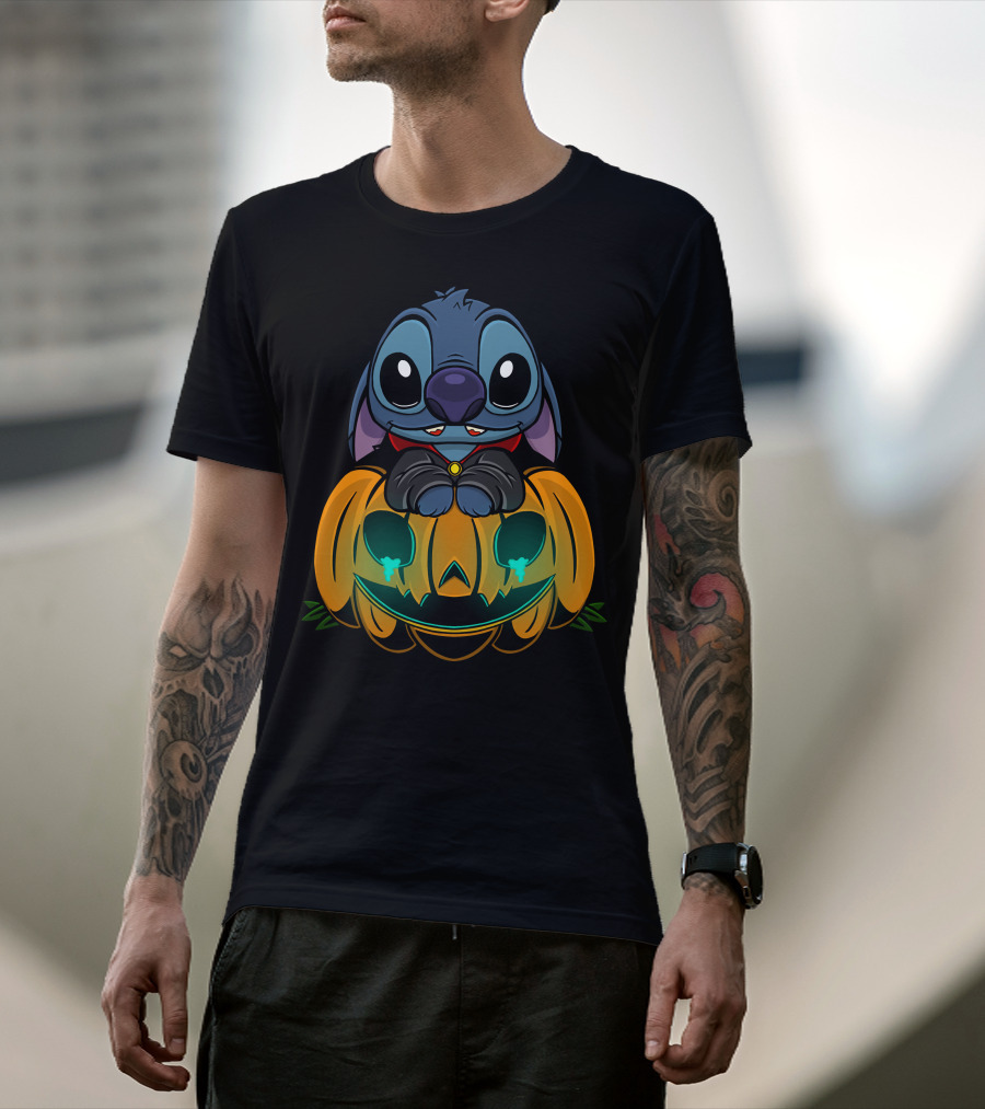 Cute Halloween Stitch With Glowing Pumpkin T-Shirt
