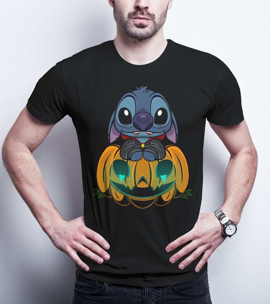 Cute Halloween Stitch With Glowing Pumpkin T-Shirt