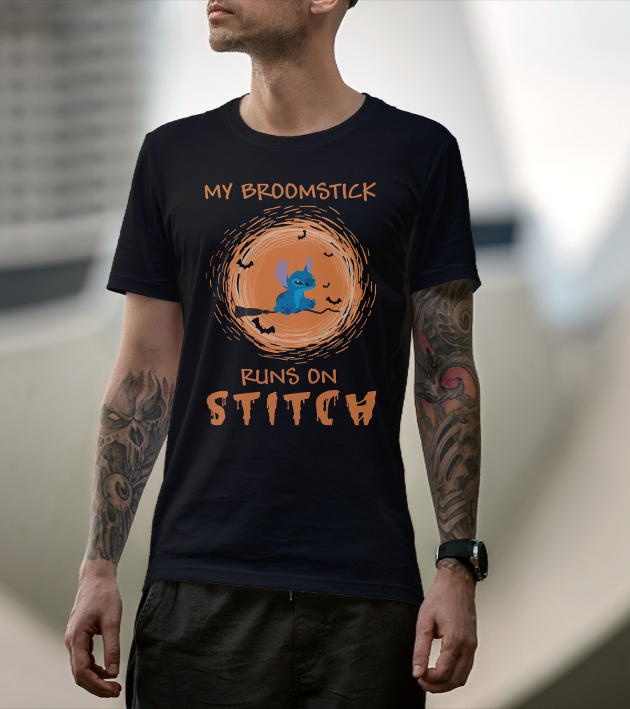 My Broomstick Runs On Stitch Halloween Bats Moon T-Shirt