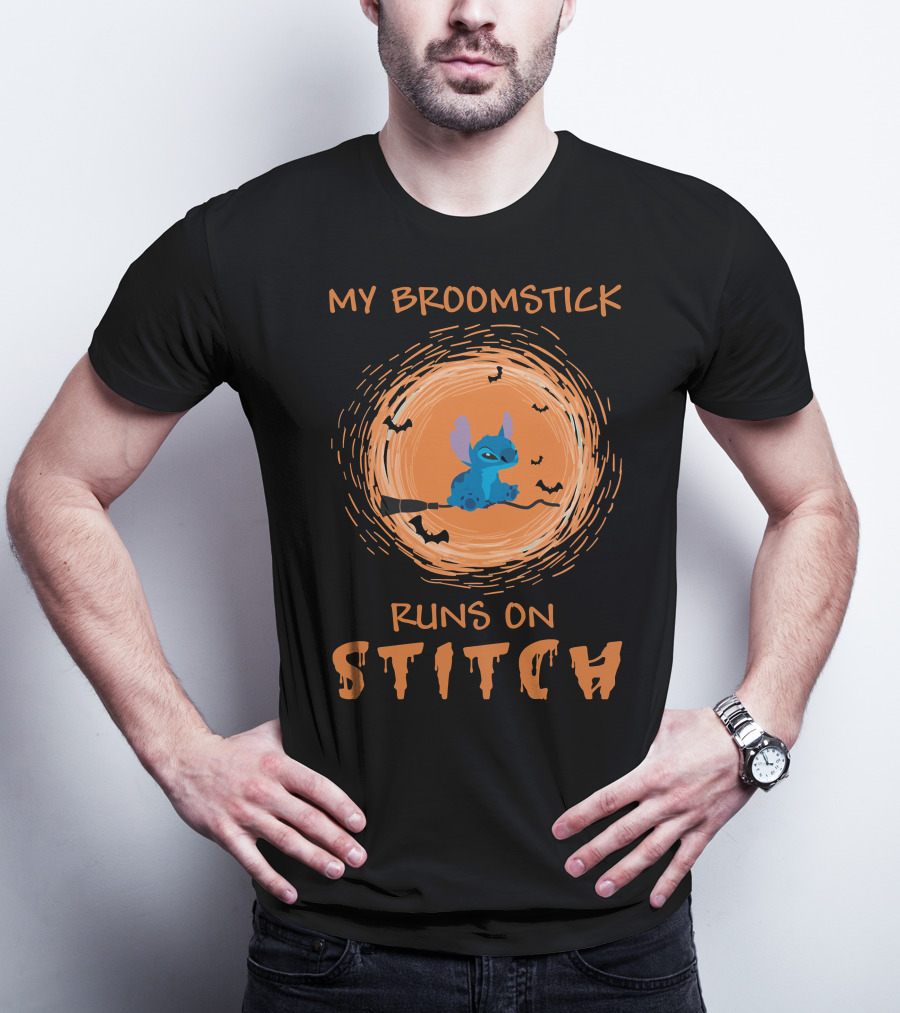 My Broomstick Runs On Stitch Halloween Bats Moon T-Shirt