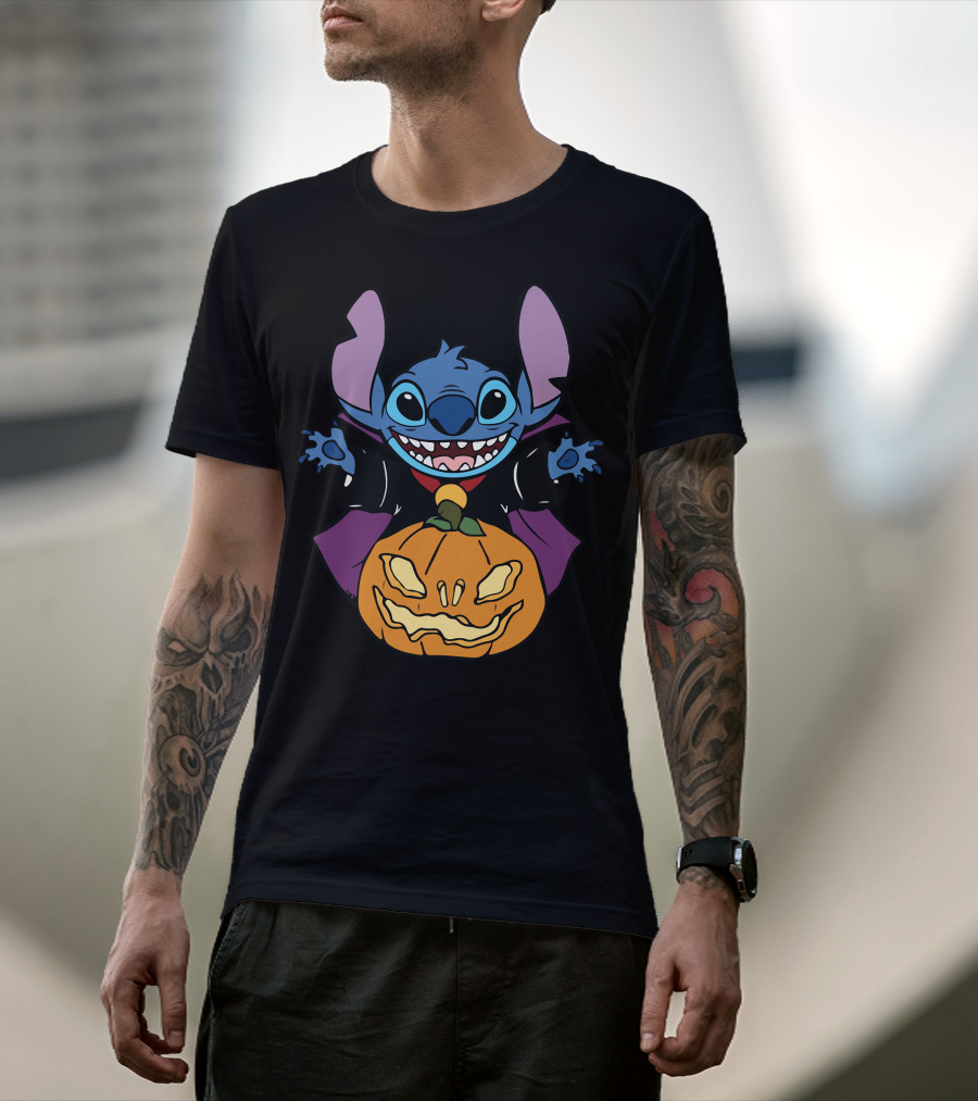 Cute Halloween Vampire Stitch Hugging Pumpkin T-Shirt