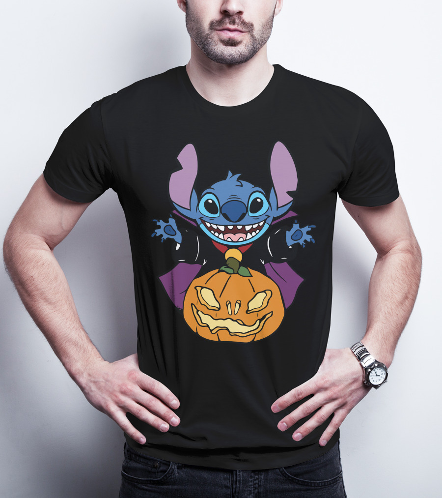 Cute Halloween Vampire Stitch Hugging Pumpkin T-Shirt