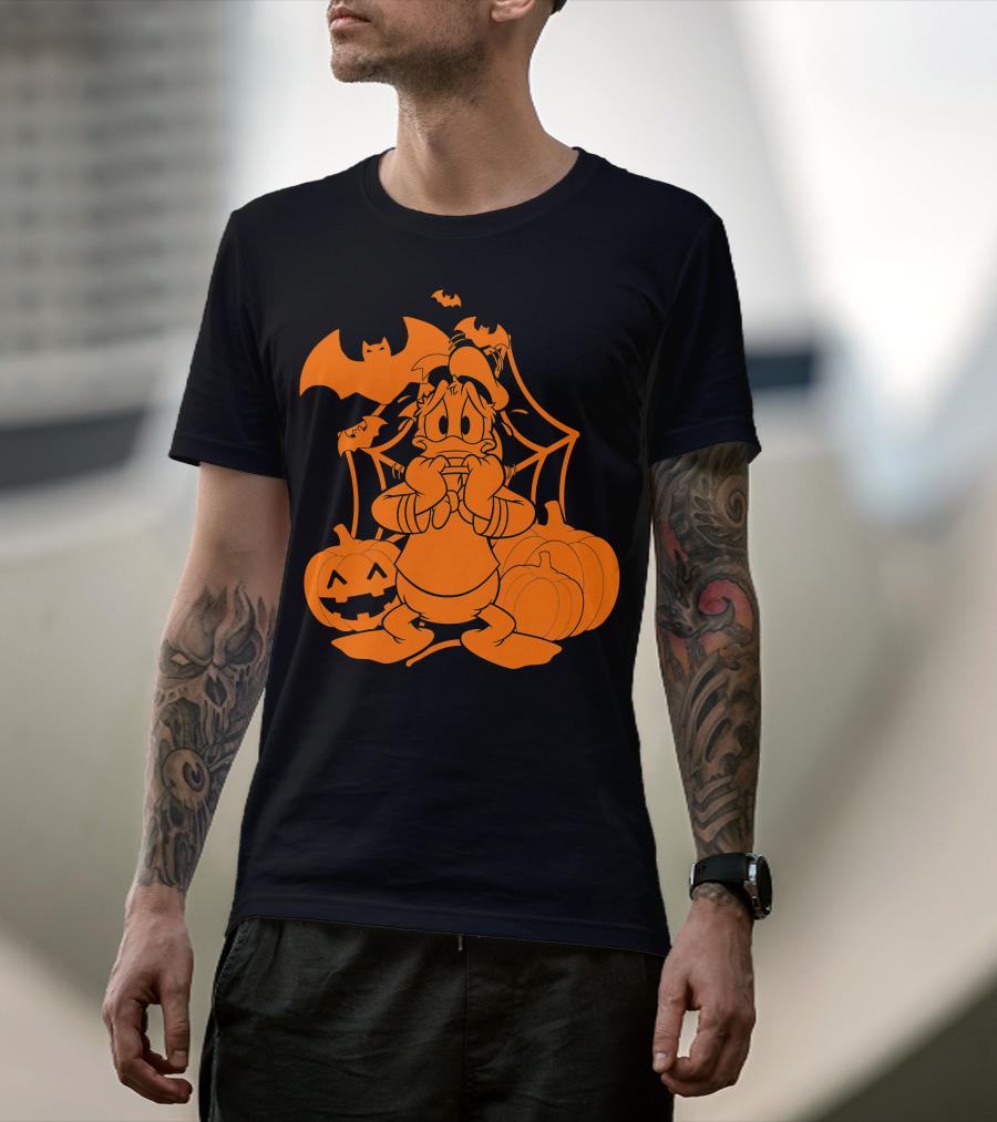 Donald Duck Halloween Pumpkins With Bat And Spider Webs T-Shirt