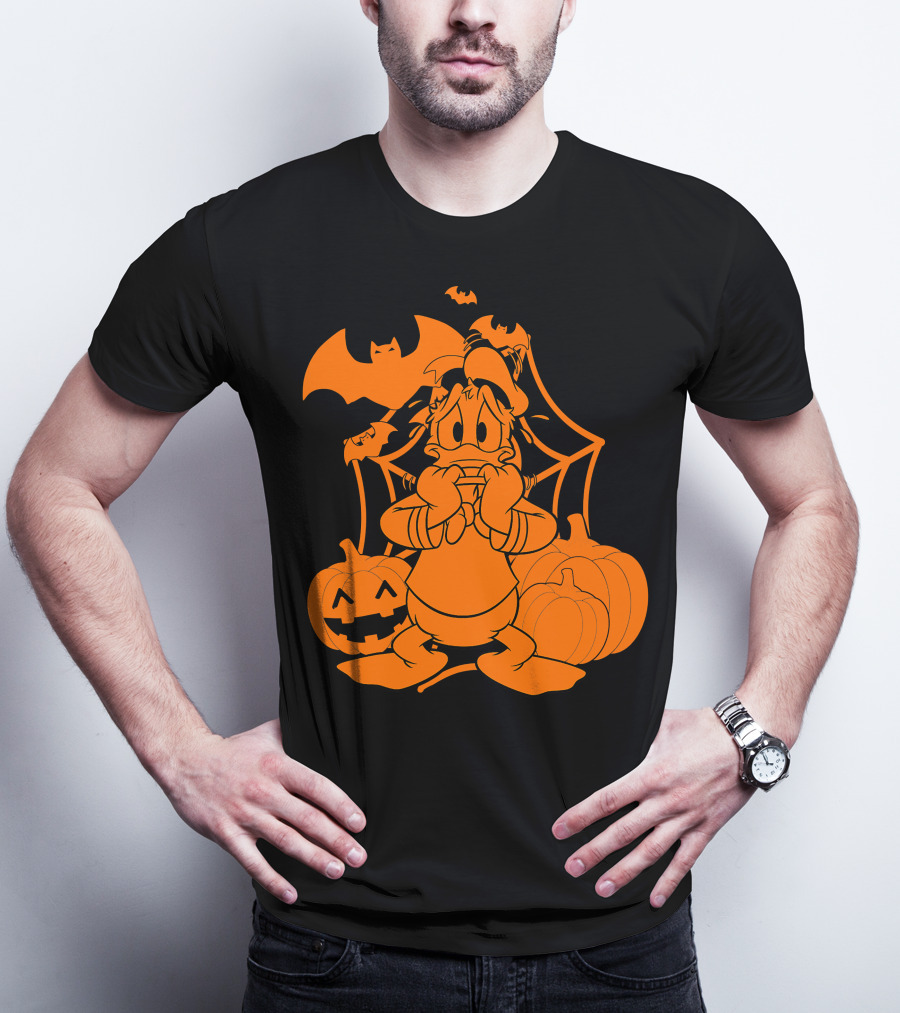 Donald Duck Halloween Pumpkins With Bat And Spider Webs T-Shirt