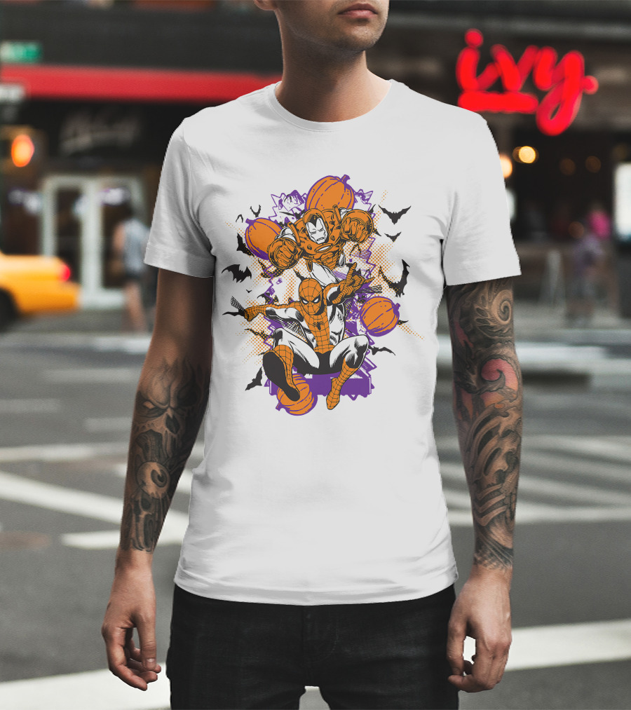 Marvel Spider Man And Iron Man Halloween Pumpkins And Bats T-Shirt