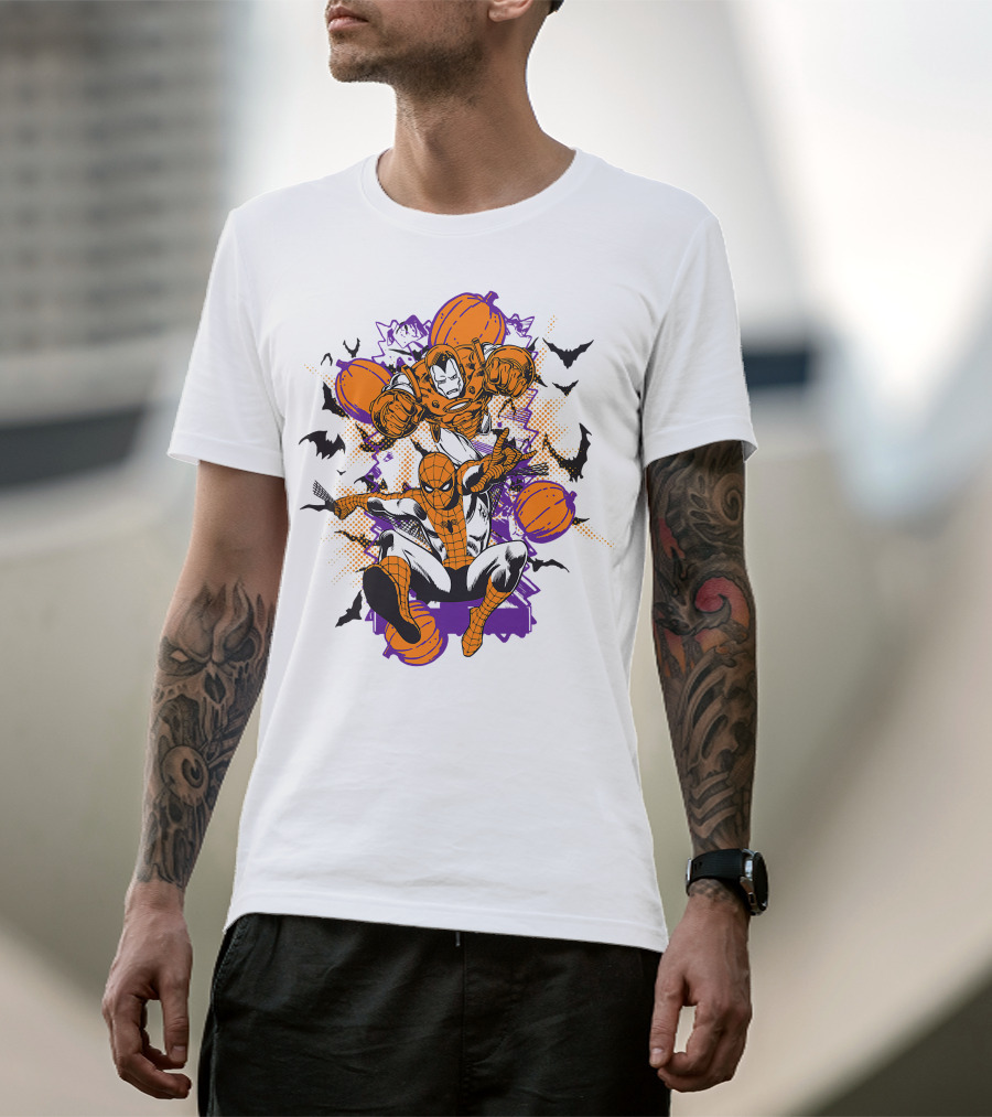 Marvel Spider Man And Iron Man Halloween Pumpkins And Bats T-Shirt