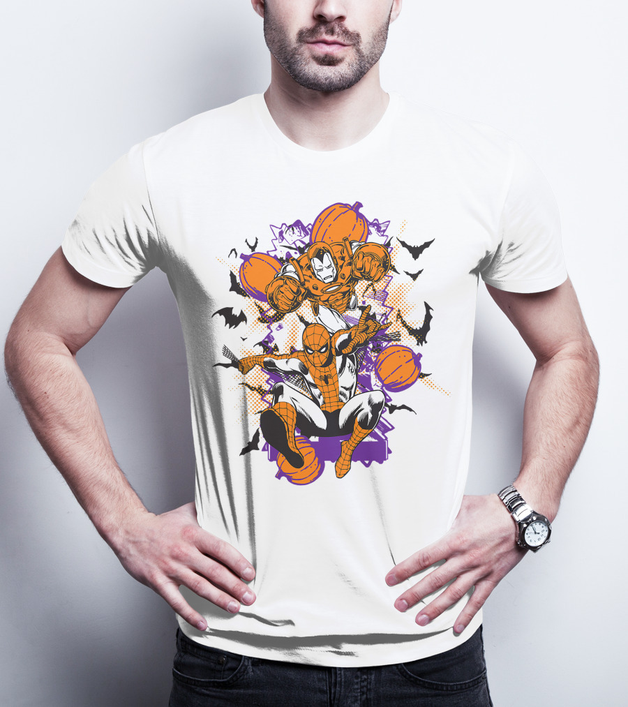 Marvel Spider Man And Iron Man Halloween Pumpkins And Bats T-Shirt