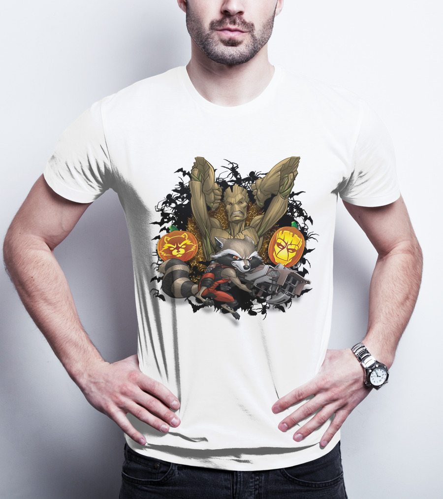 Groot And Rocket Raccoon Halloween Jack O' Lantern Duo T-Shirt