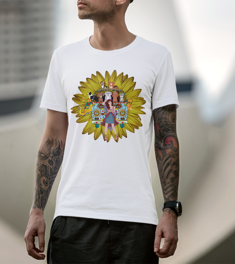 I'm Mostly Peace Love Animals Hippie Van Sunflower Dogs T-Shirt