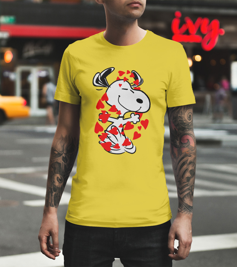 Snoopy Surrounded By Red Hearts Hugging Blissfully T-Shirt