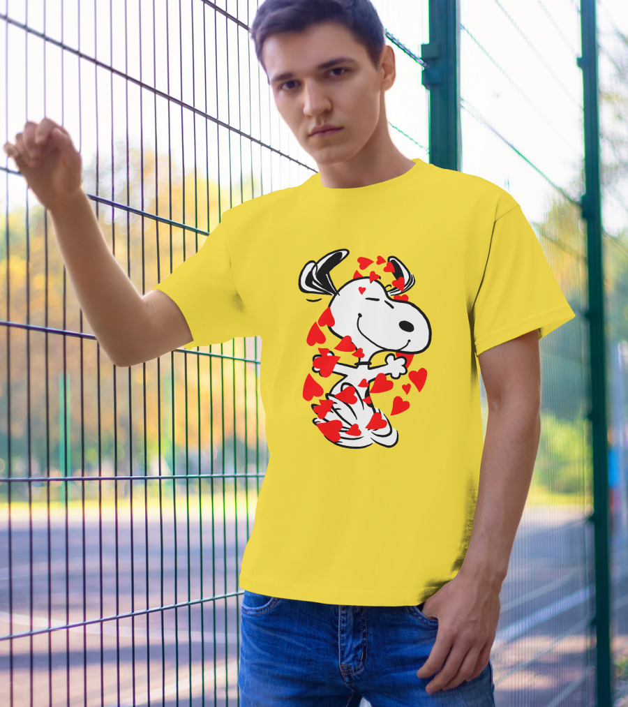 Snoopy Surrounded By Red Hearts Hugging Blissfully T-Shirt