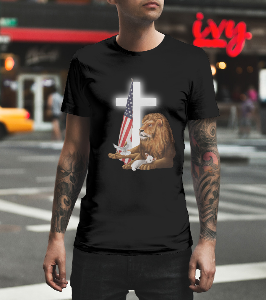 Lion With American Flag And Cross T-Shirt