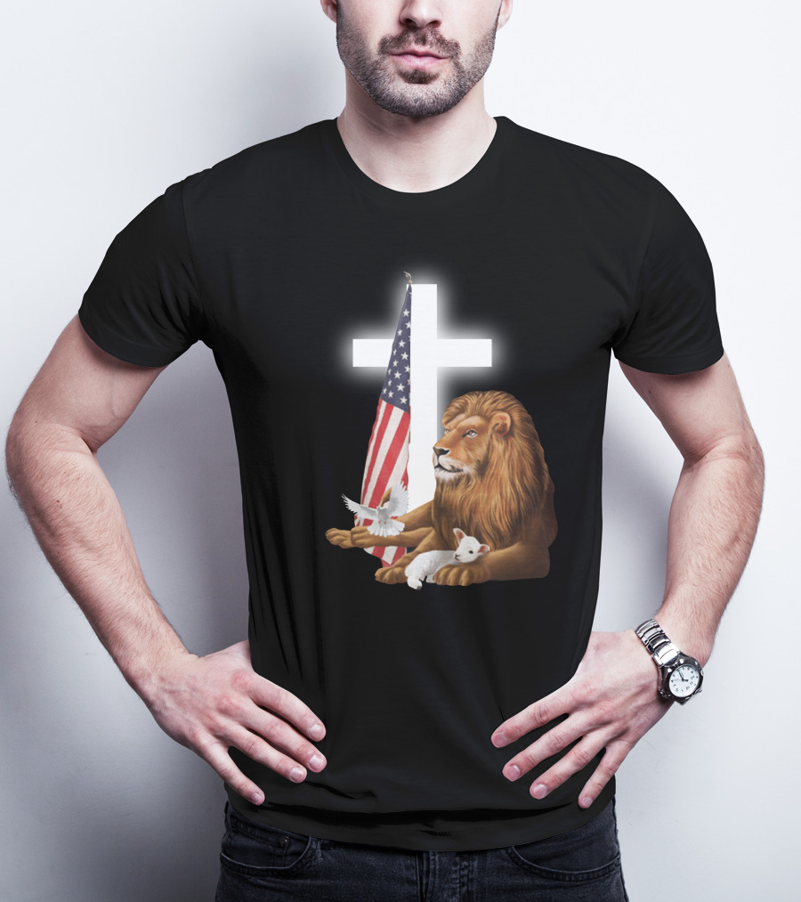 Lion With American Flag And Cross T-Shirt