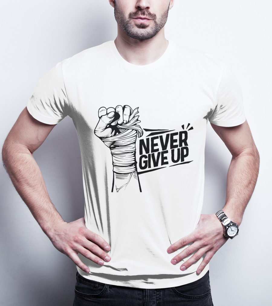 NEVER GIVE UP Fist Wrapped In Bandages Motivational Strength T-Shirt