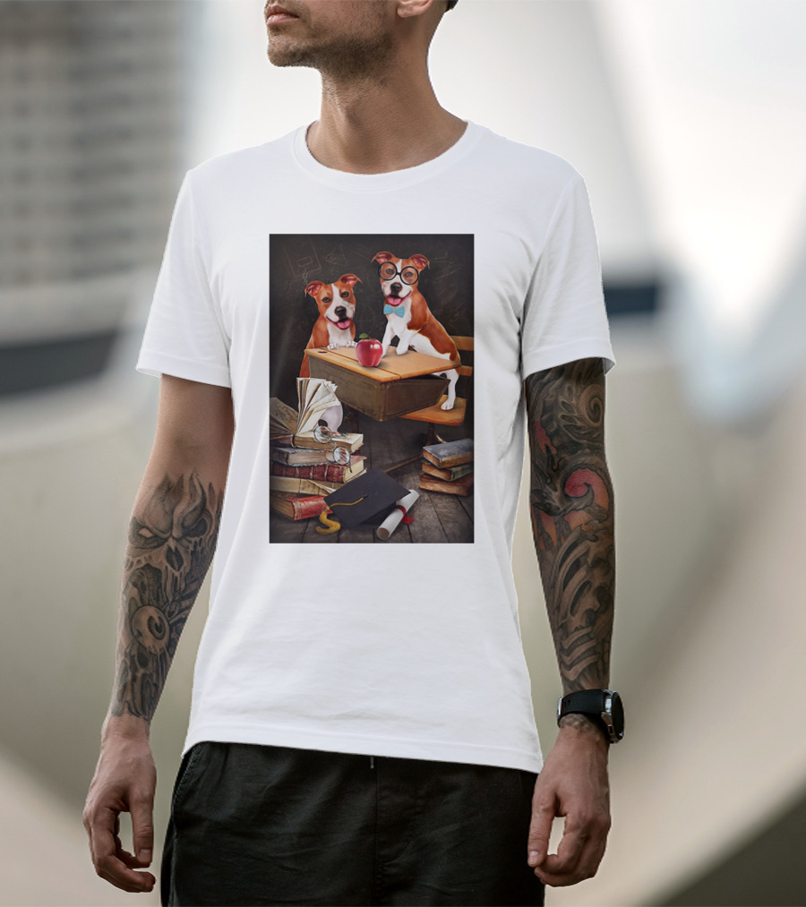Pitbull Teacher Dogs With Books And Graduation Cap T-Shirt