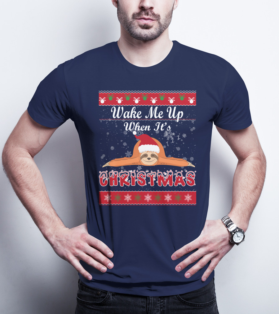 Wake Me Up When It's Christmas Sloth Santa Hat Snowflakes Zzz T-Shirt