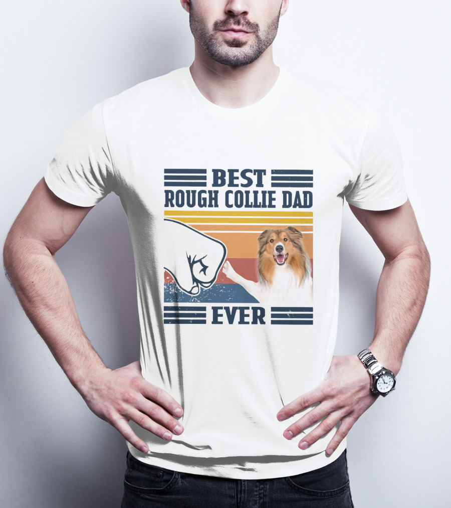 Best Rough Collie Dad Ever Fist Bump Retro Stripes T-Shirt