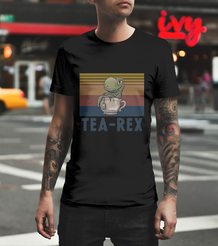 Tea Rex Dinosaur With Retro Sunset Cup T-Shirt